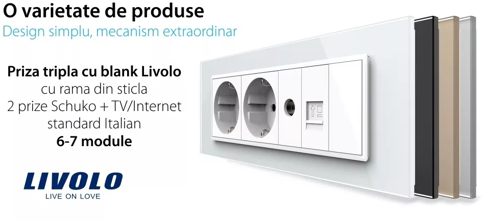 Priza tripla cu blank Livolo cu Rama din Sticla 2 Prize Schuko+TV ...