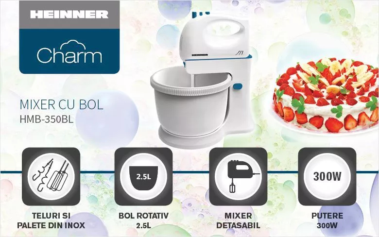 Mixer cu bol Heinner Charm HMB-350BL 300W 5 viteze + turbo Alb-Albastru ...