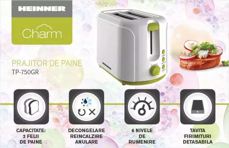 Prajitor de paine Heinner Charm TP-750GR 750W 6 nivele de rumenire ...
