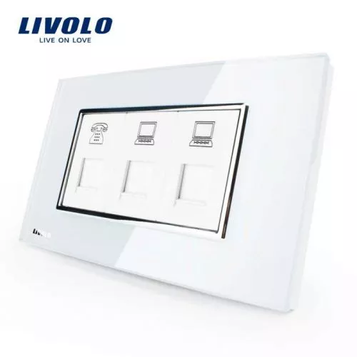 Priza telefon+dubla internet Livolo VL-C392TCC-82 cu rama din sticla ...
