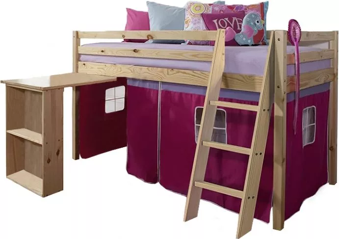Pat pentru copil inaltat cu cort roz si birou culisabil lemn pin Bortis ...