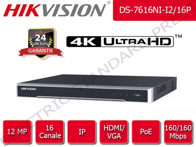 NVR Hikvision PoE 16 canale IP UltraHD 4K 12 Megapixel DS-7616NI-I2/16P - domo.ro