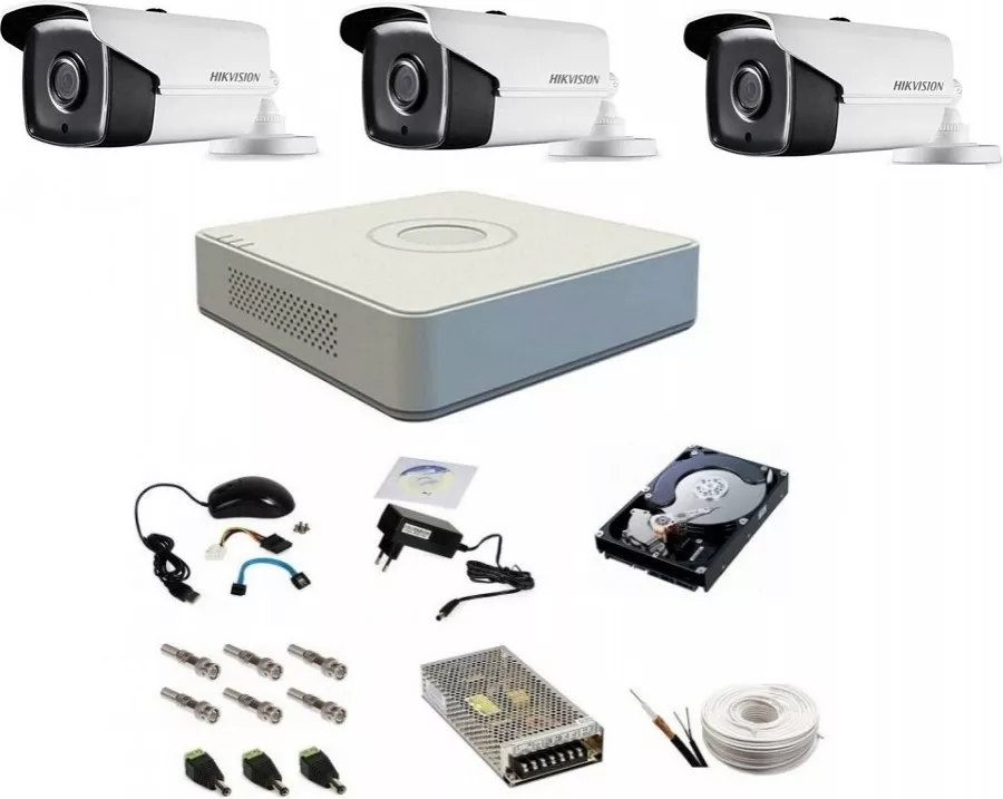 Sistem supraveghere complet 3 camere Hikvision TurboHD 1080P ir 40m ...