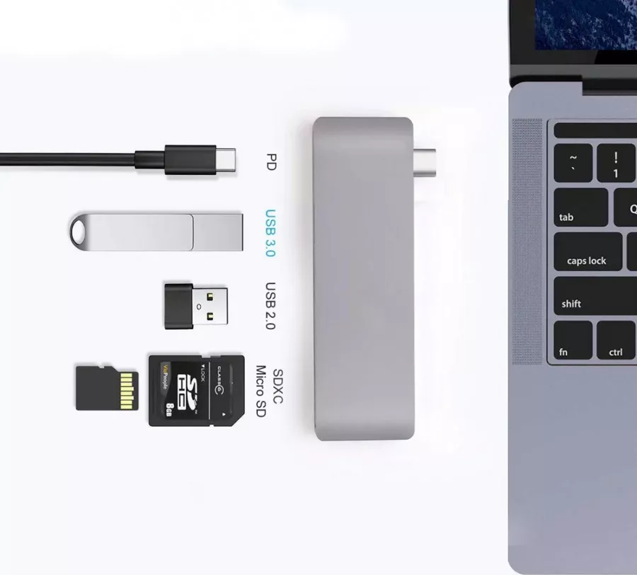 Adaptor Metalic Type C Laptop MTP 5 in 1 la USB 3.0 USB 2.0 Micro SD/SD Card - domo.ro