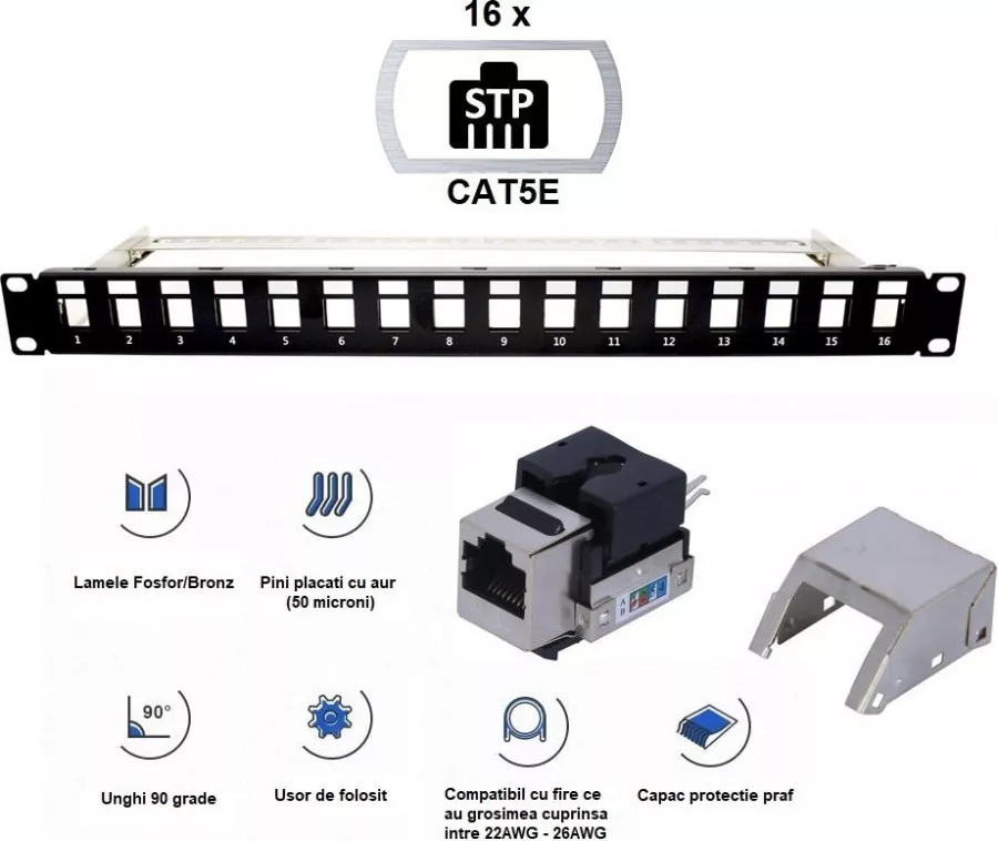 Patch Panel 19 Modular Echipat cat5e LanKATT FTP/STP 16port x RJ45 1U TIP 110 - domo.ro
