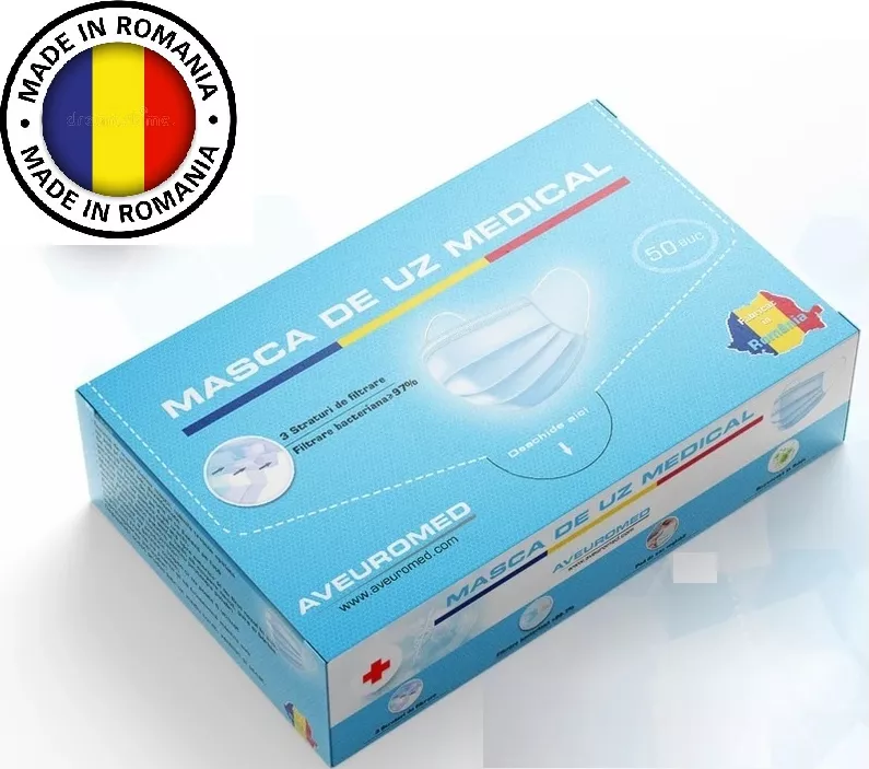 Masca faciala de uz medical Set de 50 buc 3 straturi 3 pliuri albastra ...