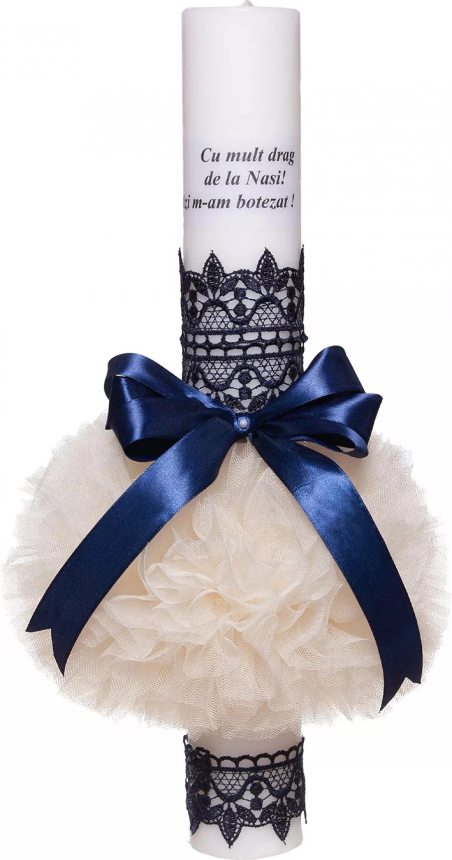 Lumanare botez tul si dantela lucrata manual culoare crem-bleumarin 37 ...