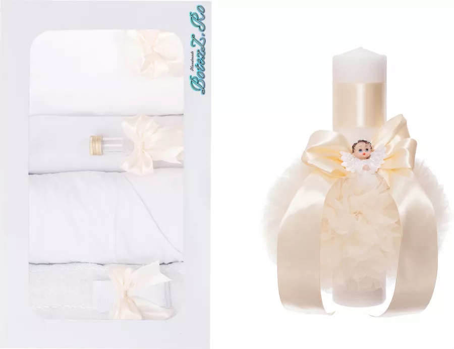 Set botez complet ingeras trusou si lumanare culoare alb crem 8 piese ...