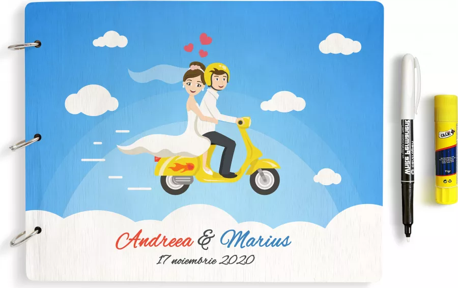 Set Guestbook din lemn personalizat prin printare UV 2 x carioca alba ...