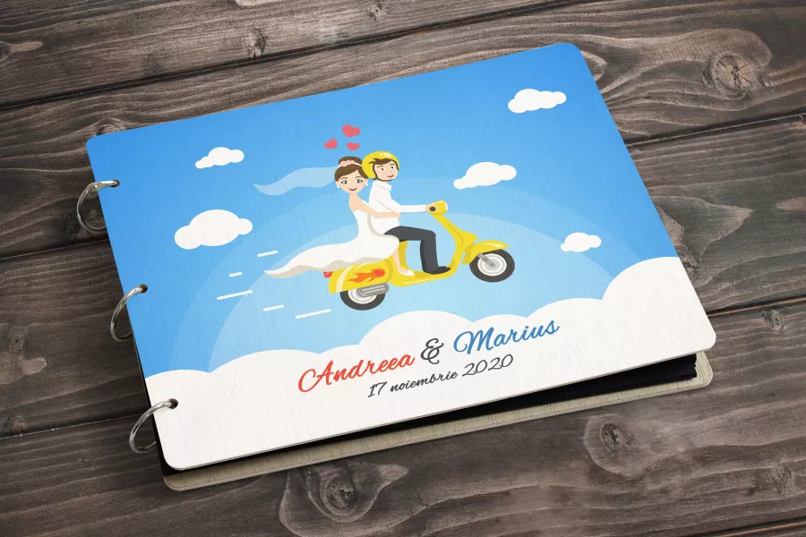 Set Guestbook din lemn personalizat prin printare UV 2 x carioca alba ...