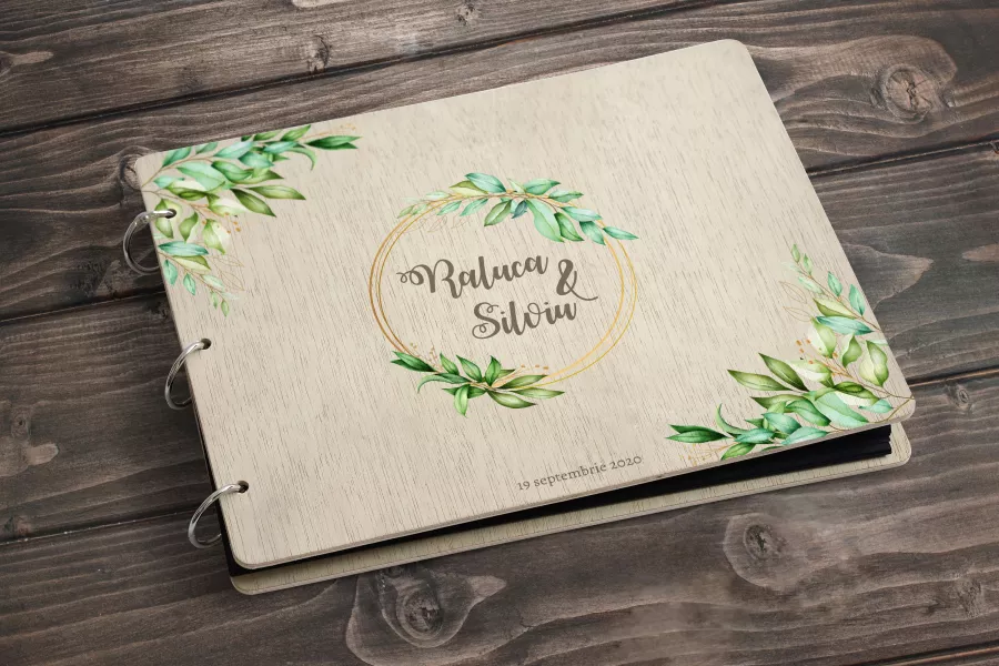 Set Guestbook din lemn personalizat prin printare UV 2 x carioca alba ...