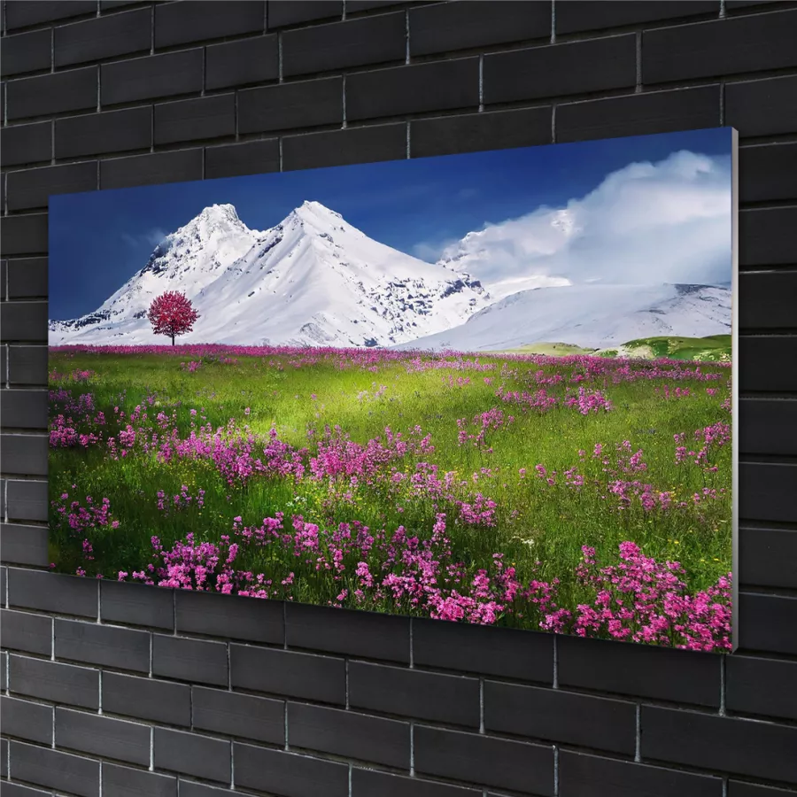 Tablou cu Peisaj de primavara Un camp de flori violet de primavara si ...