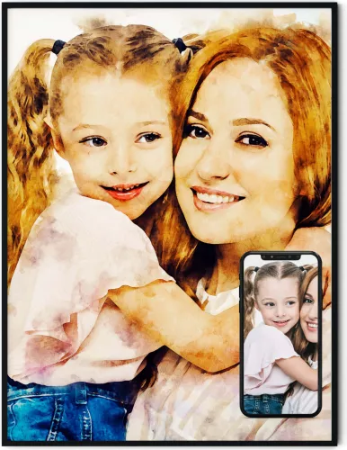 Tablou personalizat cu rama poza Mama and Fiica in stil acuarela ...