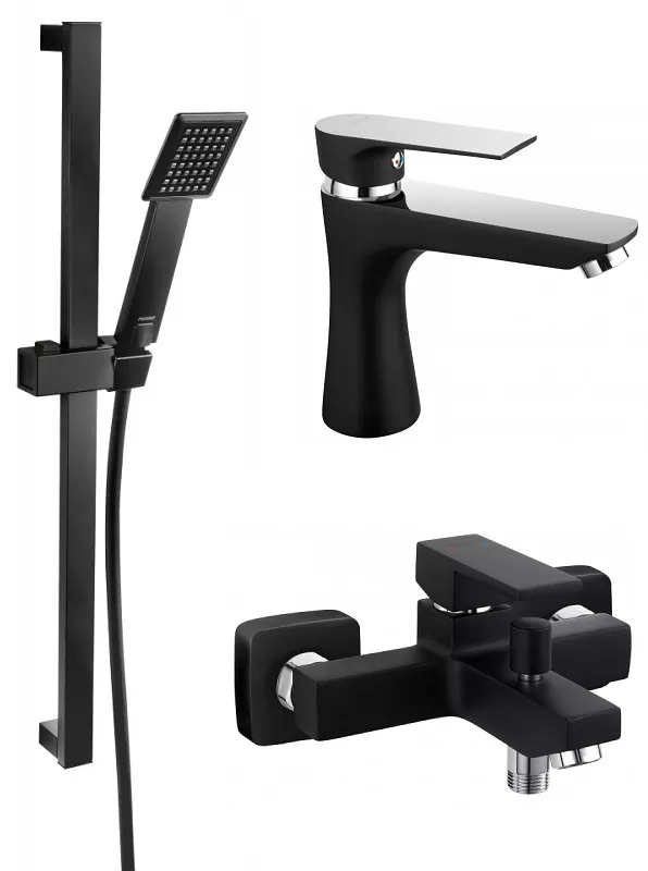 Pachet 3 in 1 Baterie cada/dus Negru baterie lavoar SQUARE si Set Bara ...