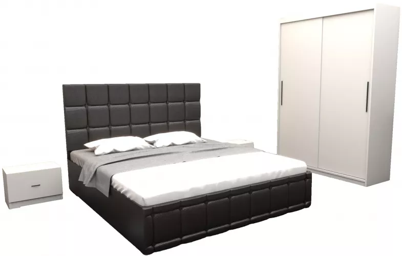 Set Dormitor Regal cu Pat Tapitat Negru imitatie piele 160x200 cm cu ...