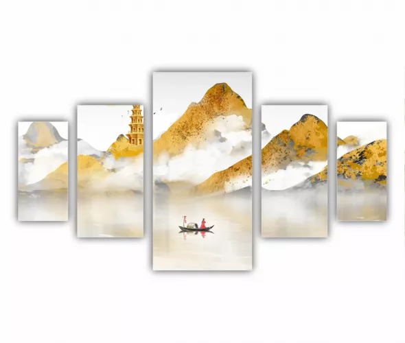 Set 5 Tablouri Multicanvas Pictura de peisaj auriu in stil chinezesc ...