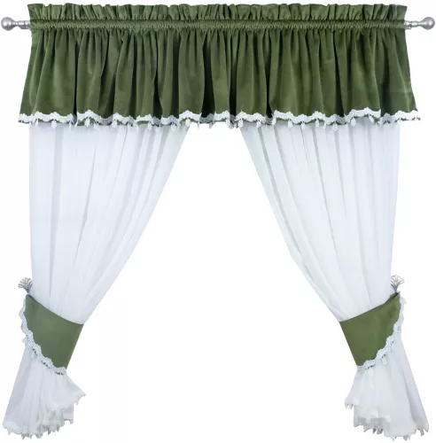 Perdea bucatarie bumbac alb cu volan din catifea culoare verde olive cu ...