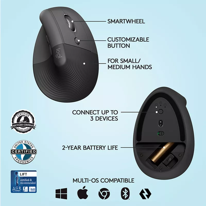 Mouse Logitech Lift Vertical Ergonomic Graphite / Black 910-006473 910 ...