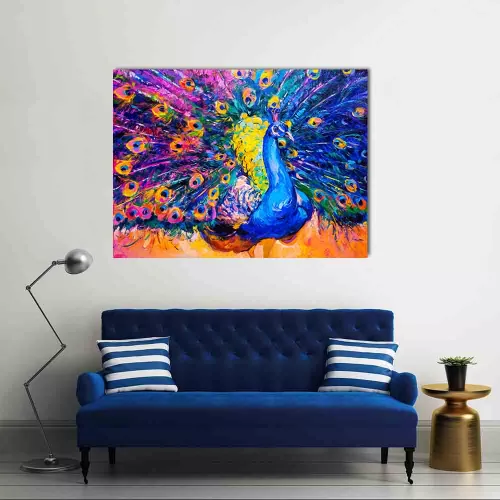 Tablou canvas Paun colorat 9515 panza 360g pe sasiu lemn 90cm x 120cm ...