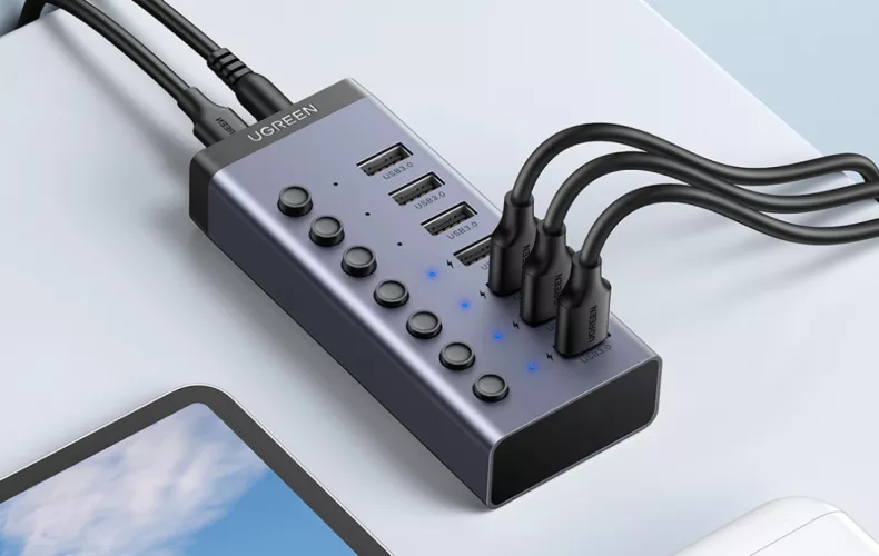 Hub 7 porturi USB 3.0 Negru cu indicator LED compatibil cu PC-uri si ...