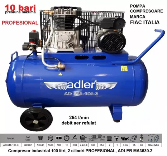 Compresor industrial 100 litri 2 cilindri PROFESIONAL ADLER MA3630.2 - domo.ro