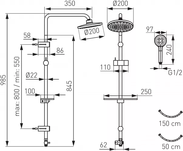 Set bara dus cu suport culisant dus fix para dus mobila si polita negru ...