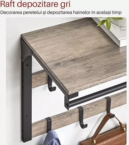 Cuier de perete VASAGLE cu 10 agatatori polita depozitare tija pentru ...