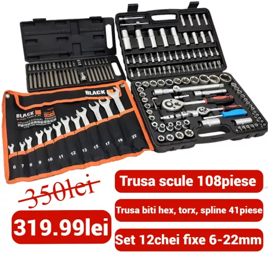 Trusa chei scule 108 piese + set chei 12 piese 6-22mm + set biti 41 ...