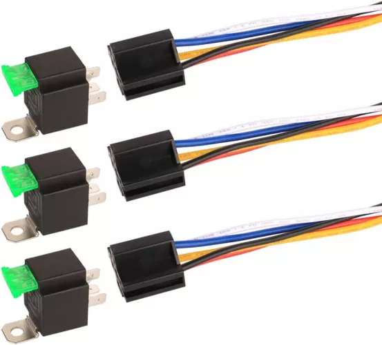 Set 3 releu auto SPDT cu siguranta ATO/ATC 12V 30A 5 pini cu priza si ...