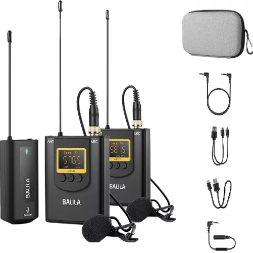 Set microfon lavaliera wireless UHF cu 2 transmitatoare 2 microfoane si 1