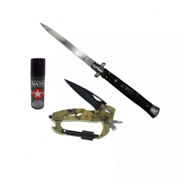 Set Spray cu Piper Carabina multifuncionala si Briceag Stiletto ...