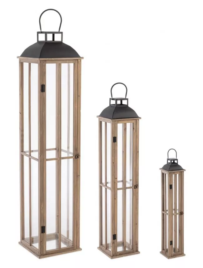 Set 3 felinare lemn metal sticla Shayra 15.5x15.5x77 cm 22x22x104 cm ...