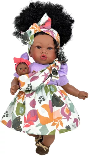 Papusa Nines D Onil Maria Afro cu sunete cu bebelus cu rochie mov cu ...