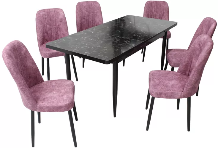 Set masa extensibila Aris Negru Marmorat cu 6 scaune Artemis Roz - domo.ro