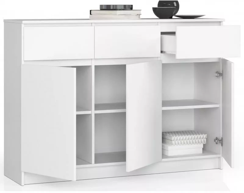 Comoda placa laminata 3 sertare 6 rafturi alb 138x40x99 cm 165052-AK ...