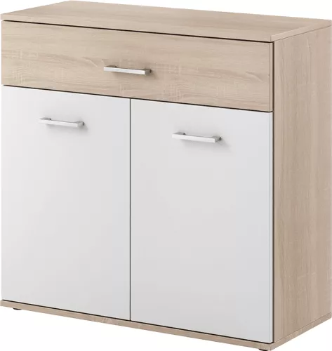 Comoda alba/stejar Sonoma IRIA 2D1S E Sani 80 x 35 x 84 cm gslk ...