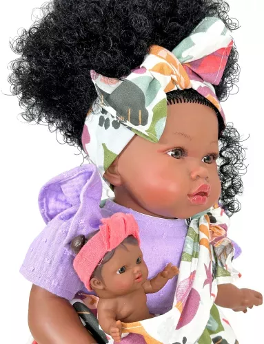 Papusa Nines D Onil Maria Afro cu sunete cu bebelus cu rochie mov cu ...