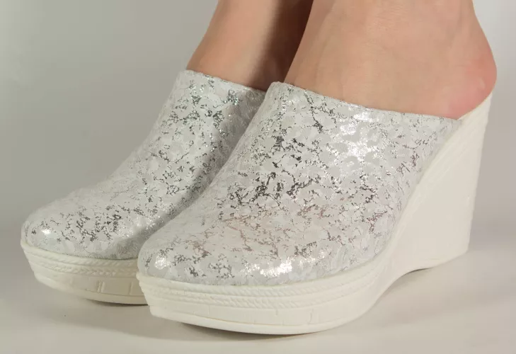 Saboti albi cu argintiu platforma piele naturala SBM5A 38