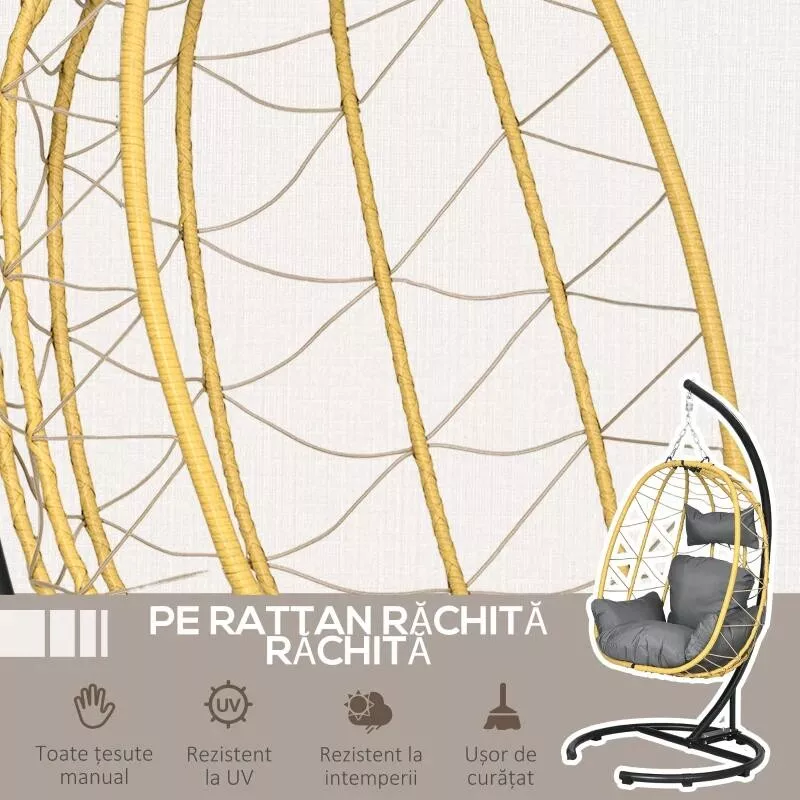 Scaun leagan suspendat Wilona ratan sintetic galben si negru perna gri ...