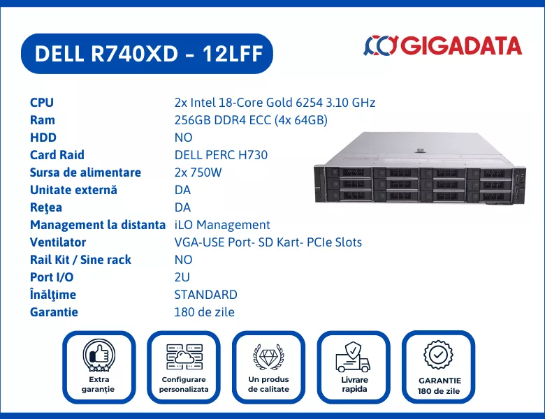 Server Dell PowerEdge R740XD 12LFF 2x Gold 6254 256GB DDR4 ECC H730 ...