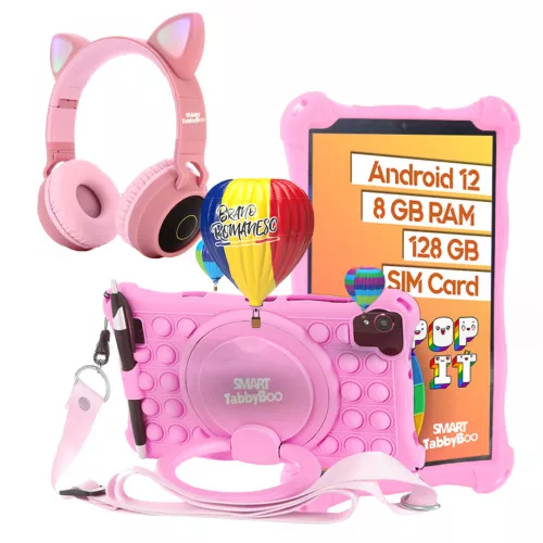 Set tableta copii SMART TabbyBoo Popit 128GB 8GB RAM cu Casti Audio roz ...