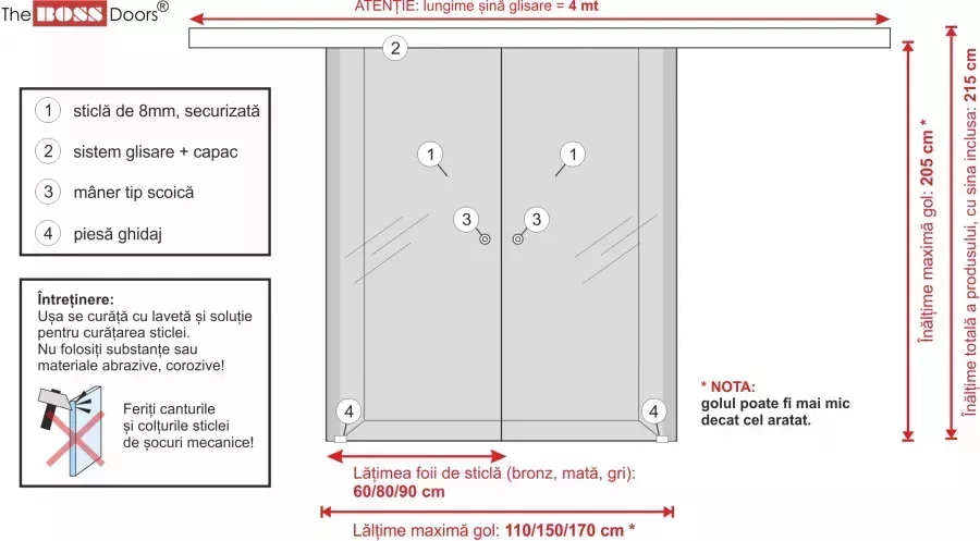 Usa culisanta Boss Duo sticla mata securizata glisanta in ambele directii
