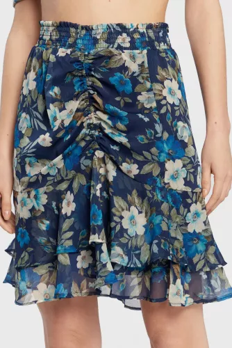 Fusta Guess din sifon cu terminatie cu volane Albastru inchis XS INTL ...