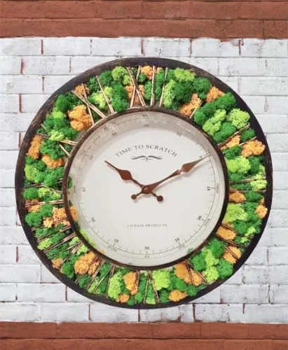 Aranjament floral Ceas cu licheni Verde si Portocaliu Eventissimi 40 cm ...