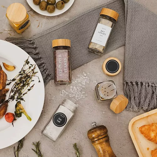 Set 24 borcane condimente din sticla cu capac din bambus pentru ...