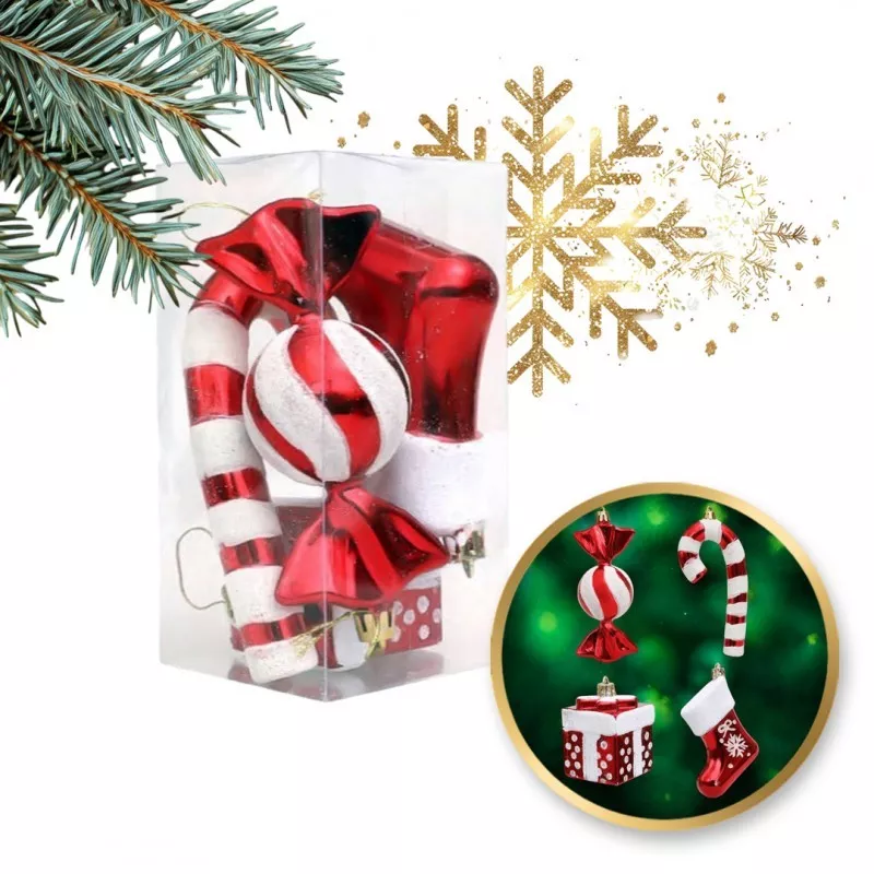 Set 4 globuri de Craciun bomboane si cadouri ornamentale rosii pentru brad