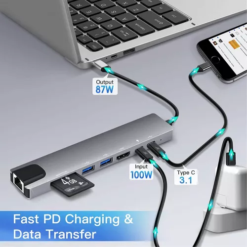 Hub USB Adaptor Multiport 8 in 1 Just Link type-c la HDMI 4K / 30Hz PD 100W