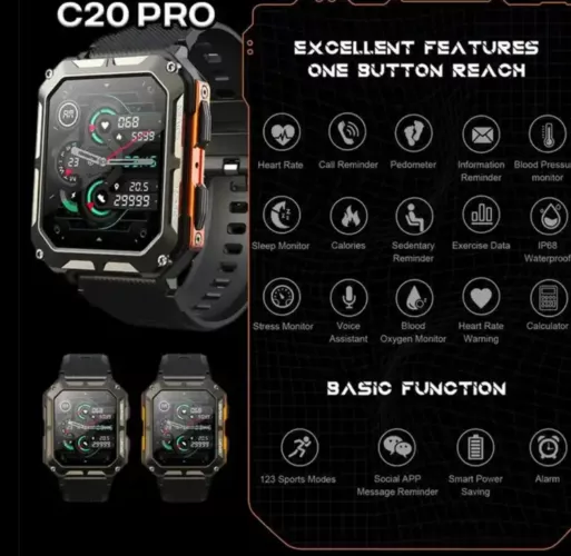 Smartwatch RoHS® C20 Pro Negru 1.83 inch Apel bluetooth Bluetooth 5.0 Ritm