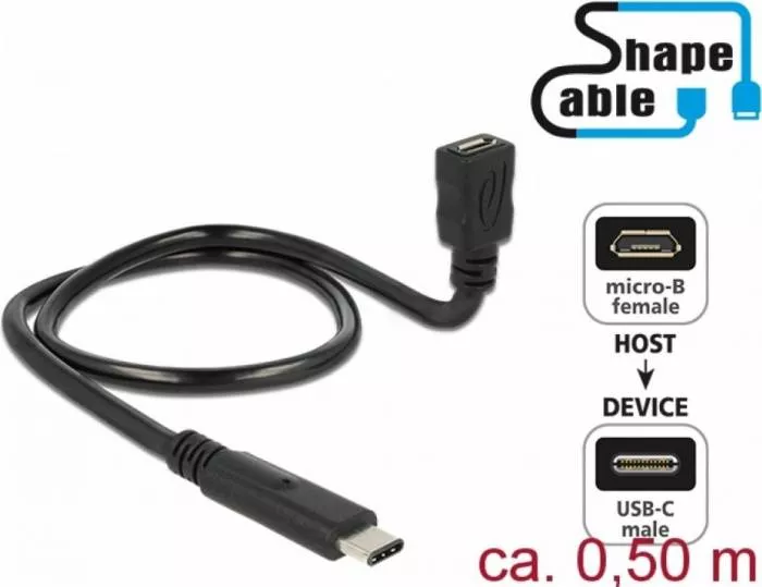 Cablu Delock micro USB-B 2.0 la USB-C ShapeCable 50cm Negru 83931 - domo.ro